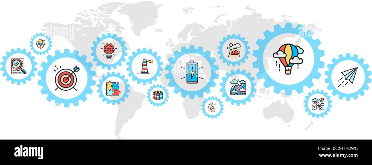 Creative banner with colored web icons. Innovation, startup, artwork ...