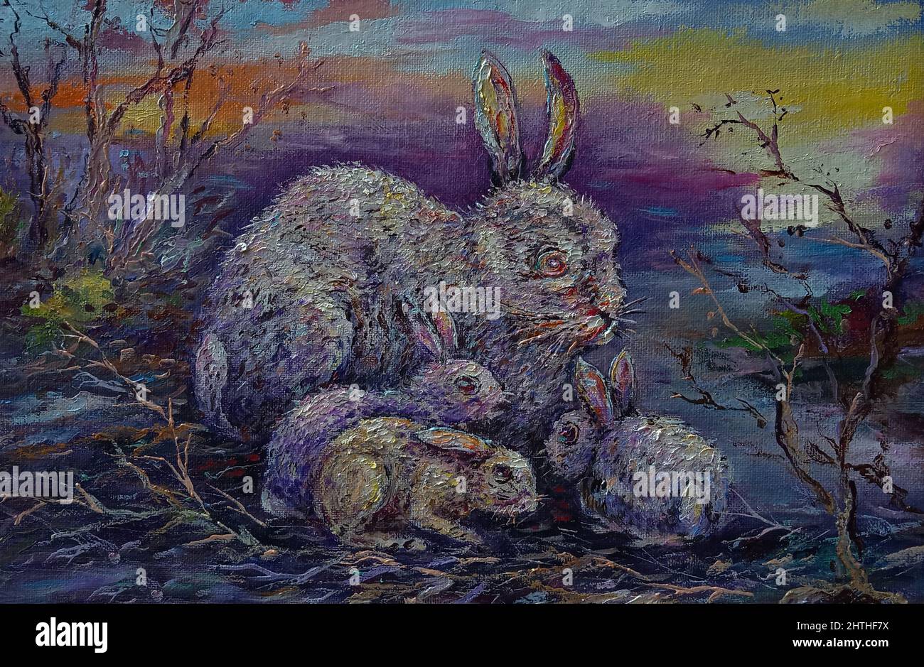 cute rabbit family oil painting Stock Photo - Alamy