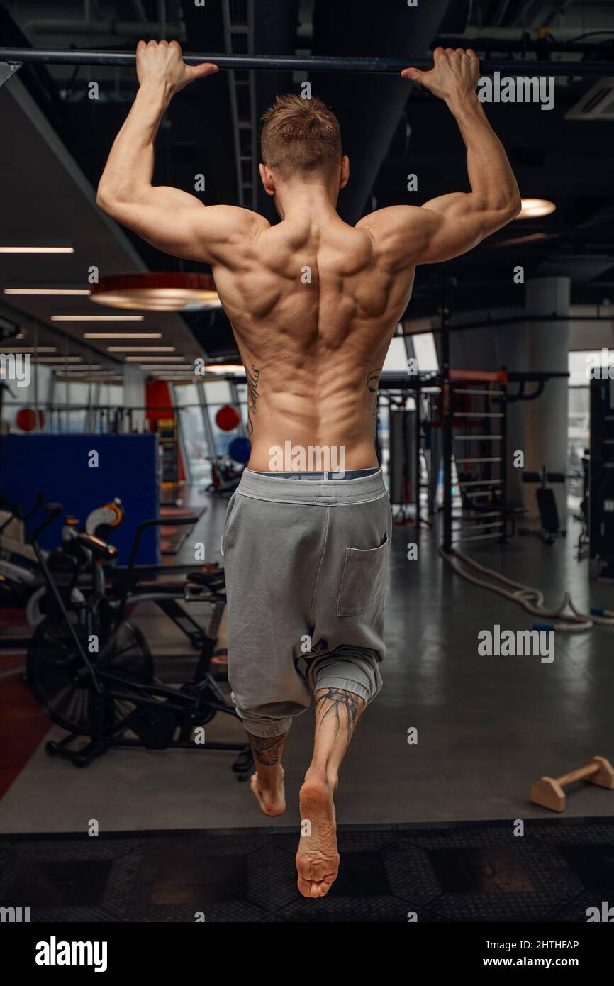 Muscular strong man exercising in the sport gym, Man doing horizontal ...
