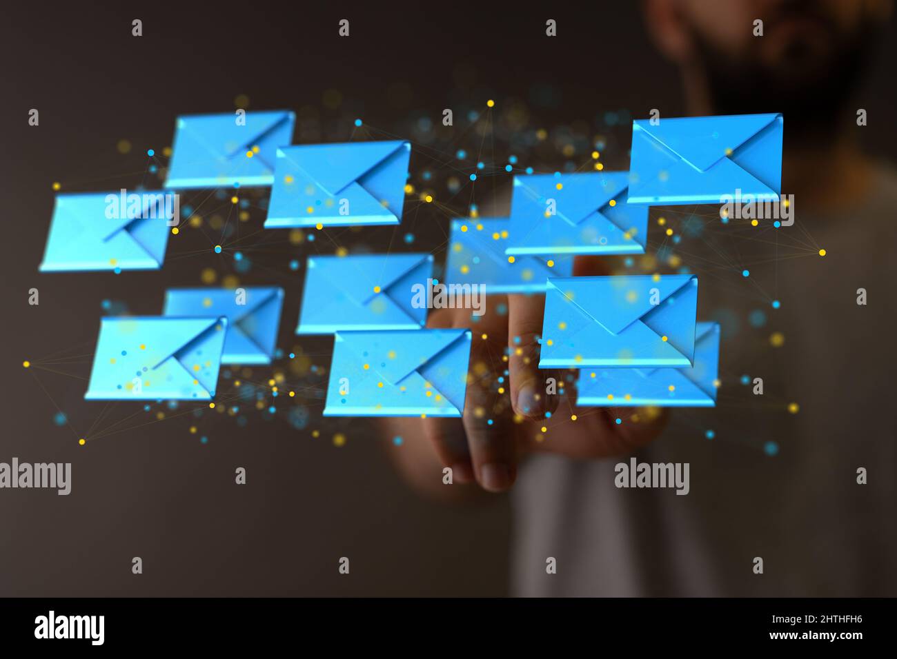 Man touching blue email icons - Email communication concept Stock Photo ...