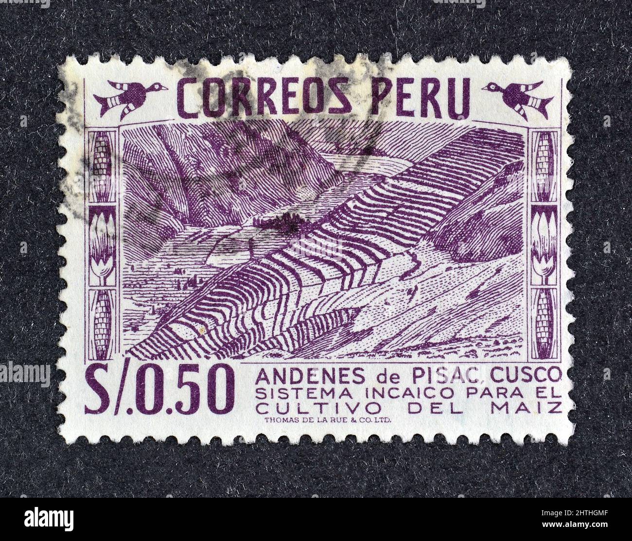 Cancelled postage stamp printed by Peru, that shows Maize Terrace ...