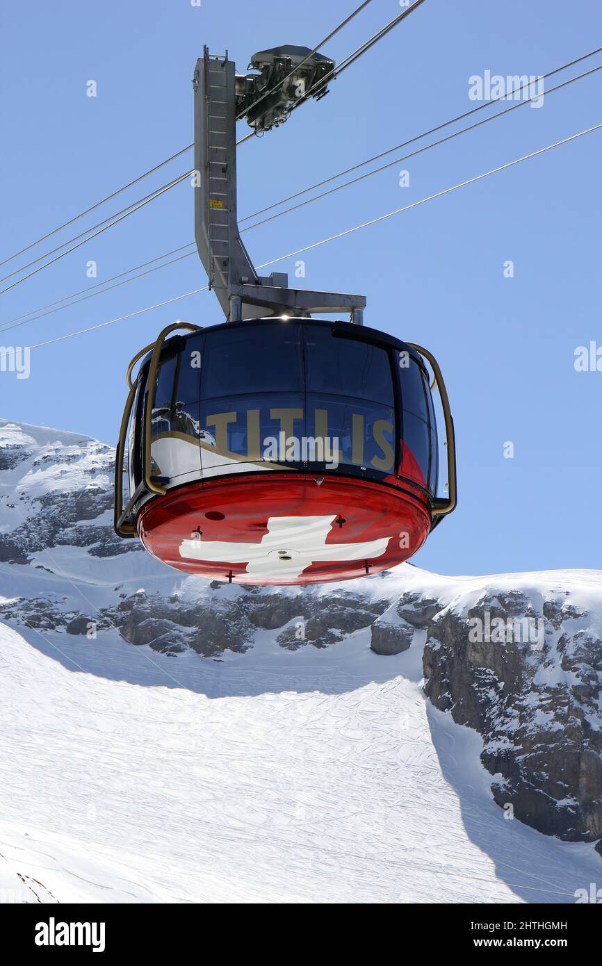 MOUNT TITLIS, SWITZERLAND - APRIL 09, 2017: Rotair Gondola with Swiss ...