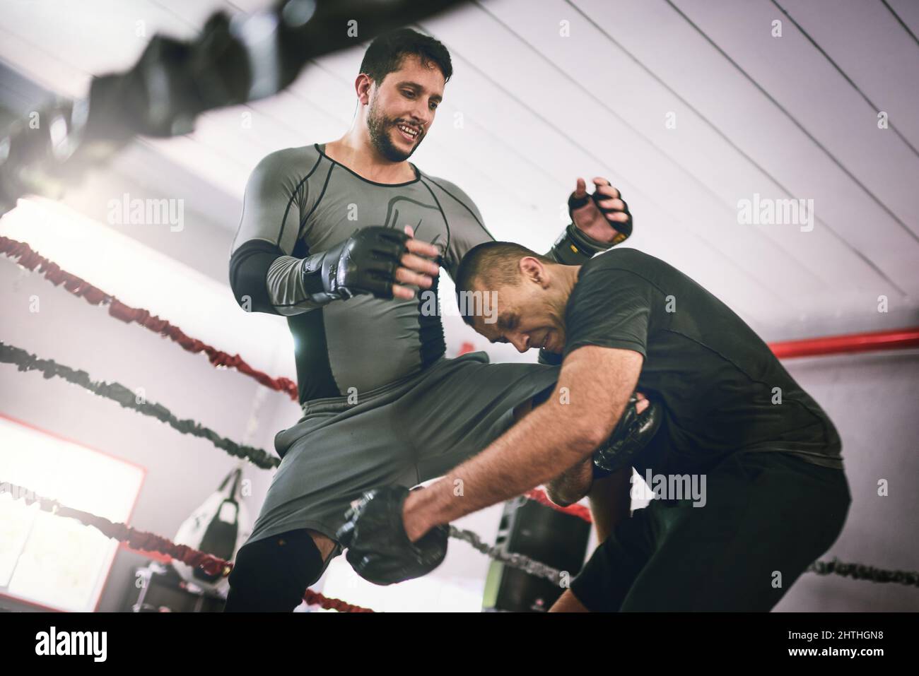 What a shot out of nowhere. Shot of two young male boxers facing each ...