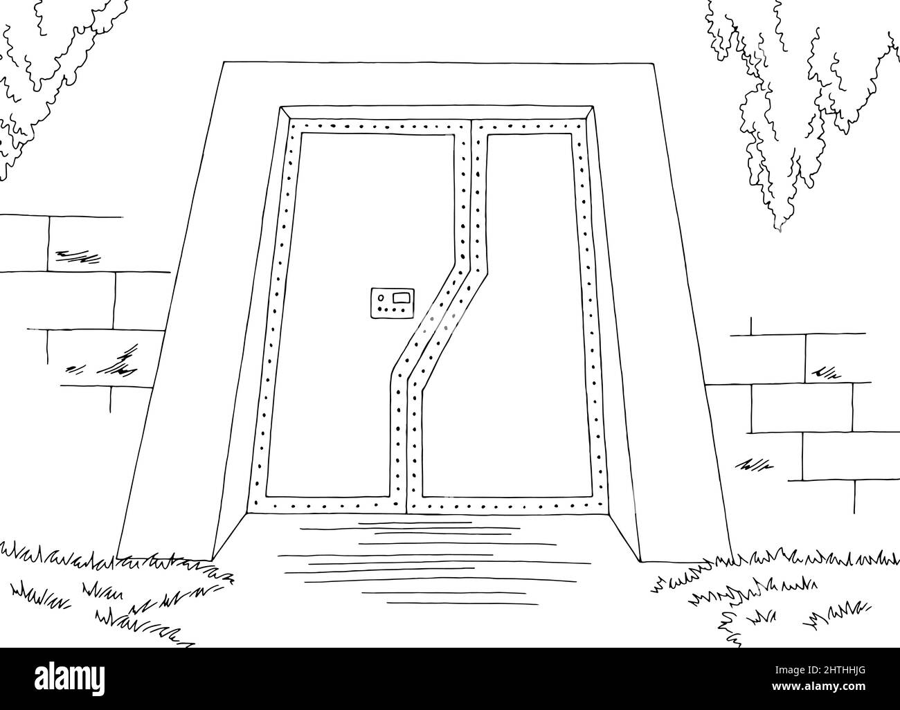 Bunker gate exterior black white landscape sketch illustration vector ...