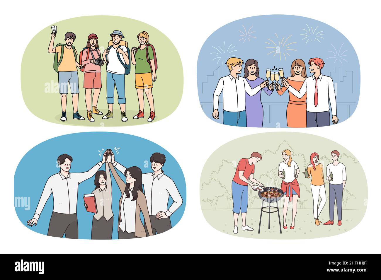 Set of smiling diverse friends have fun enjoy leisure times together ... Set of smiling diverse friends have fun enjoy leisure times together ...