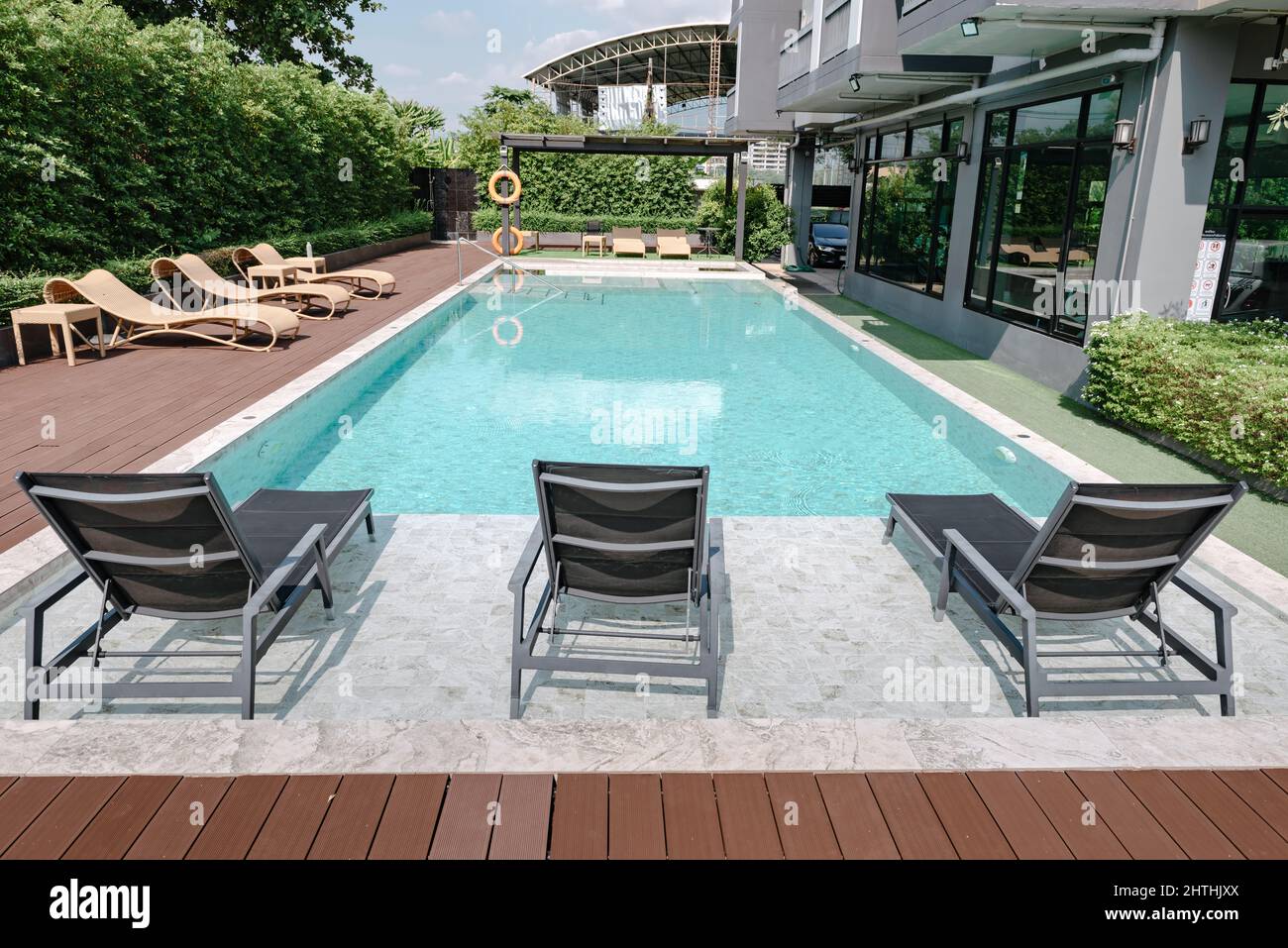 Swimming Pool Ladder and Sun Lounger in Poolside, Luxury Outdoor Swim ...