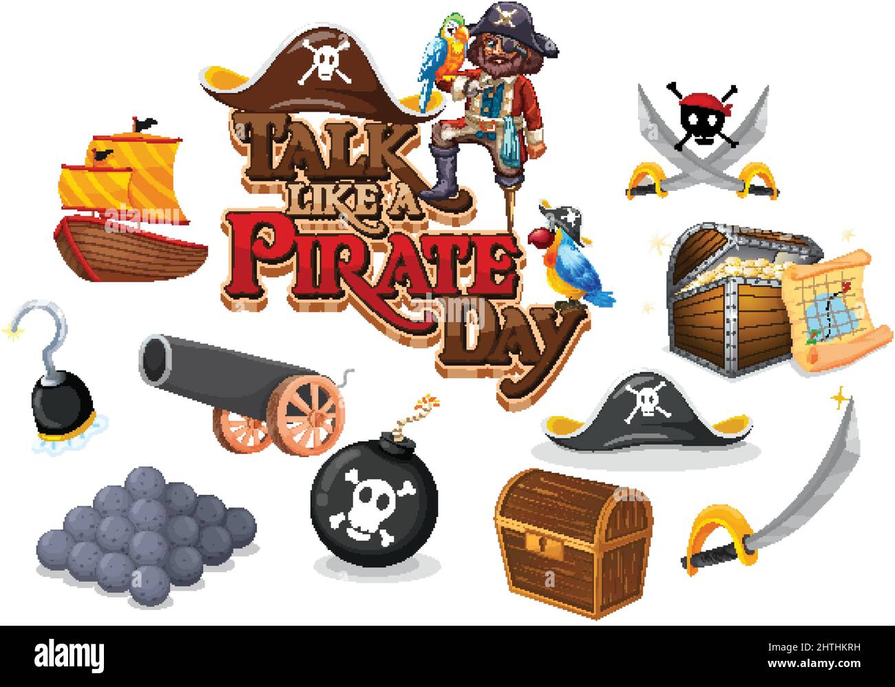 Set of pirate cartoon characters and objects illustration Stock Vector ...