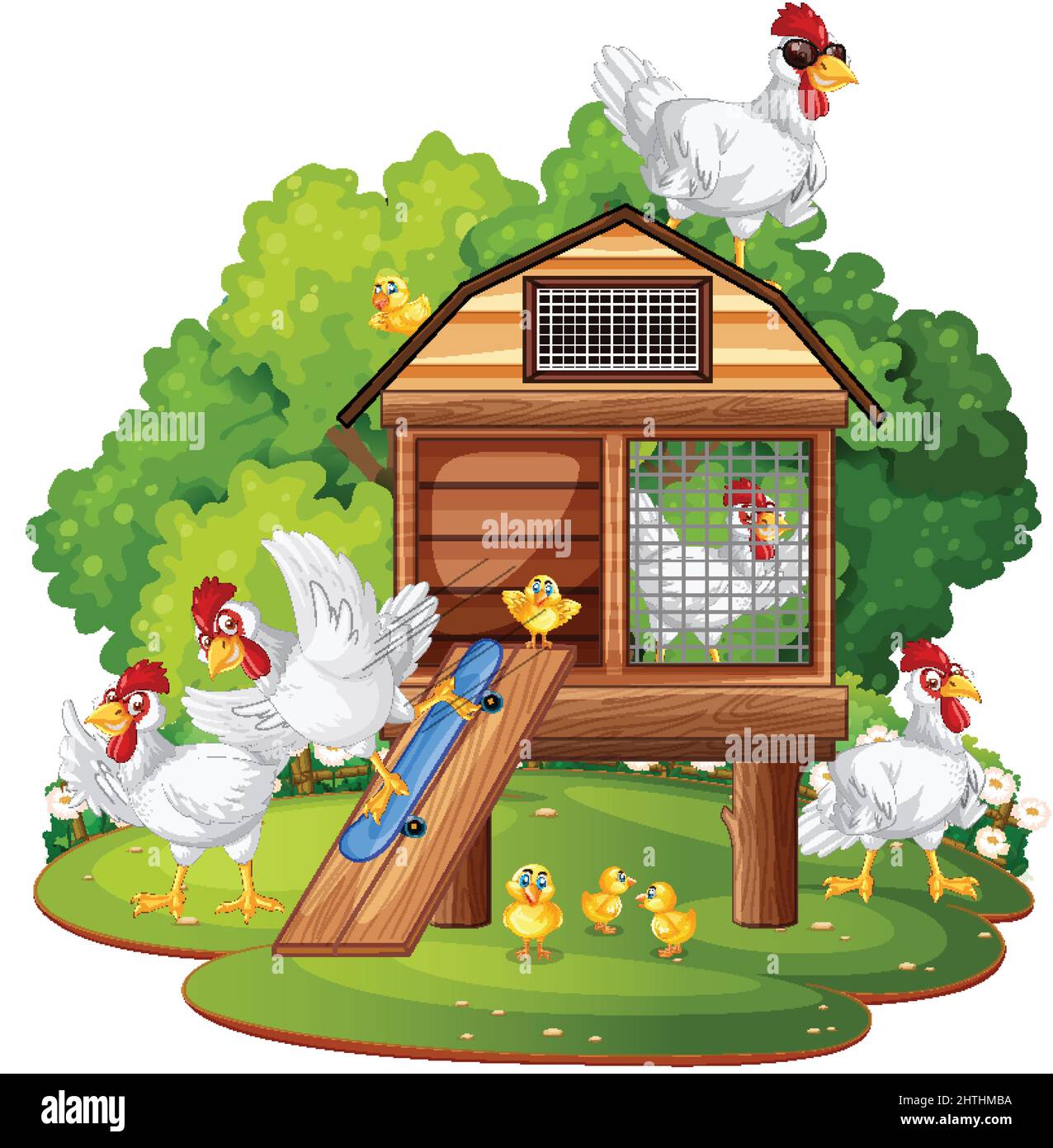 An isolated scene with a group of chickens in cartoon style ...