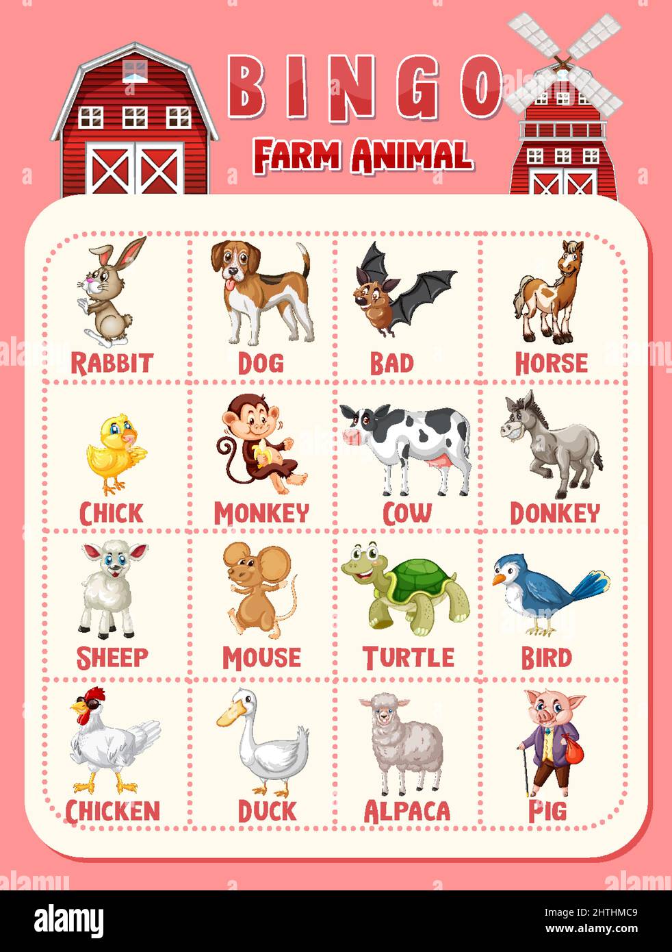 Bingo Farm animal worksheet illustration Stock Vector Image & Art - Alamy