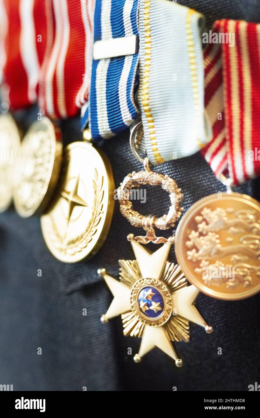 Medals for bravery. Cropped shot of war medals on a soliders suit Stock ...