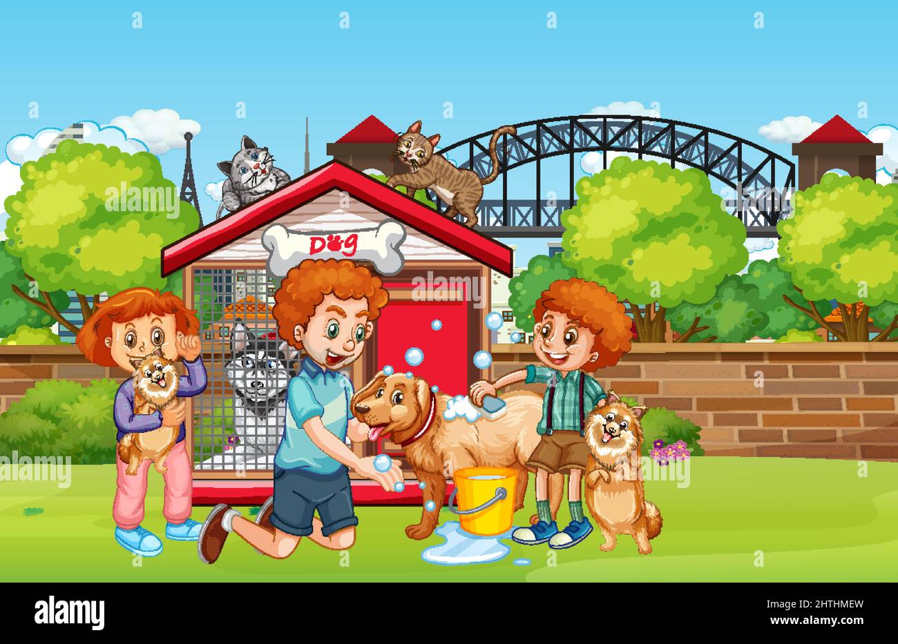 Outdoor scene with happy family and dogs illustration Stock Vector ...