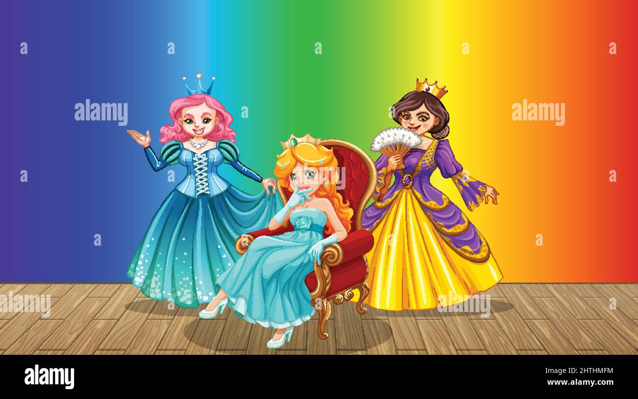 Princess cartoon character on rainbow gradient background illustration ...
