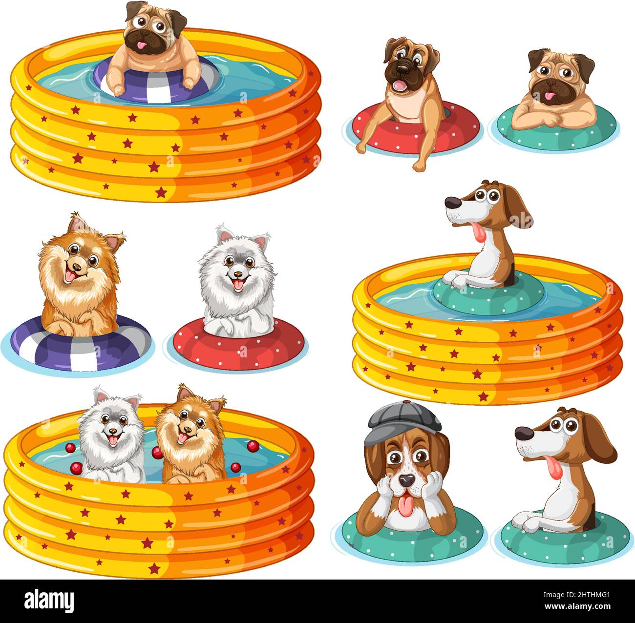 Cute puppy dogs party in rubber swimming pool illustration Stock Vector ...