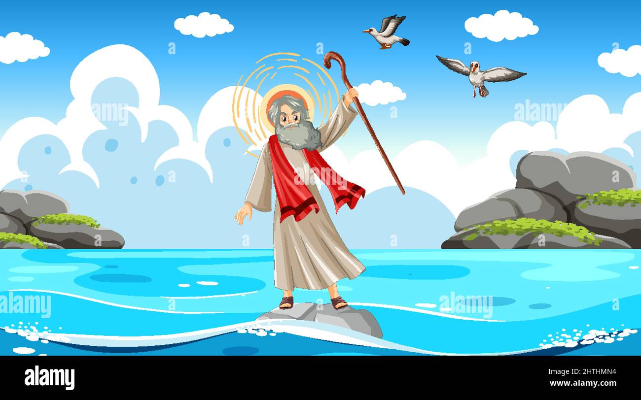 Moses cartoon character with sea background illustration Stock Vector ...