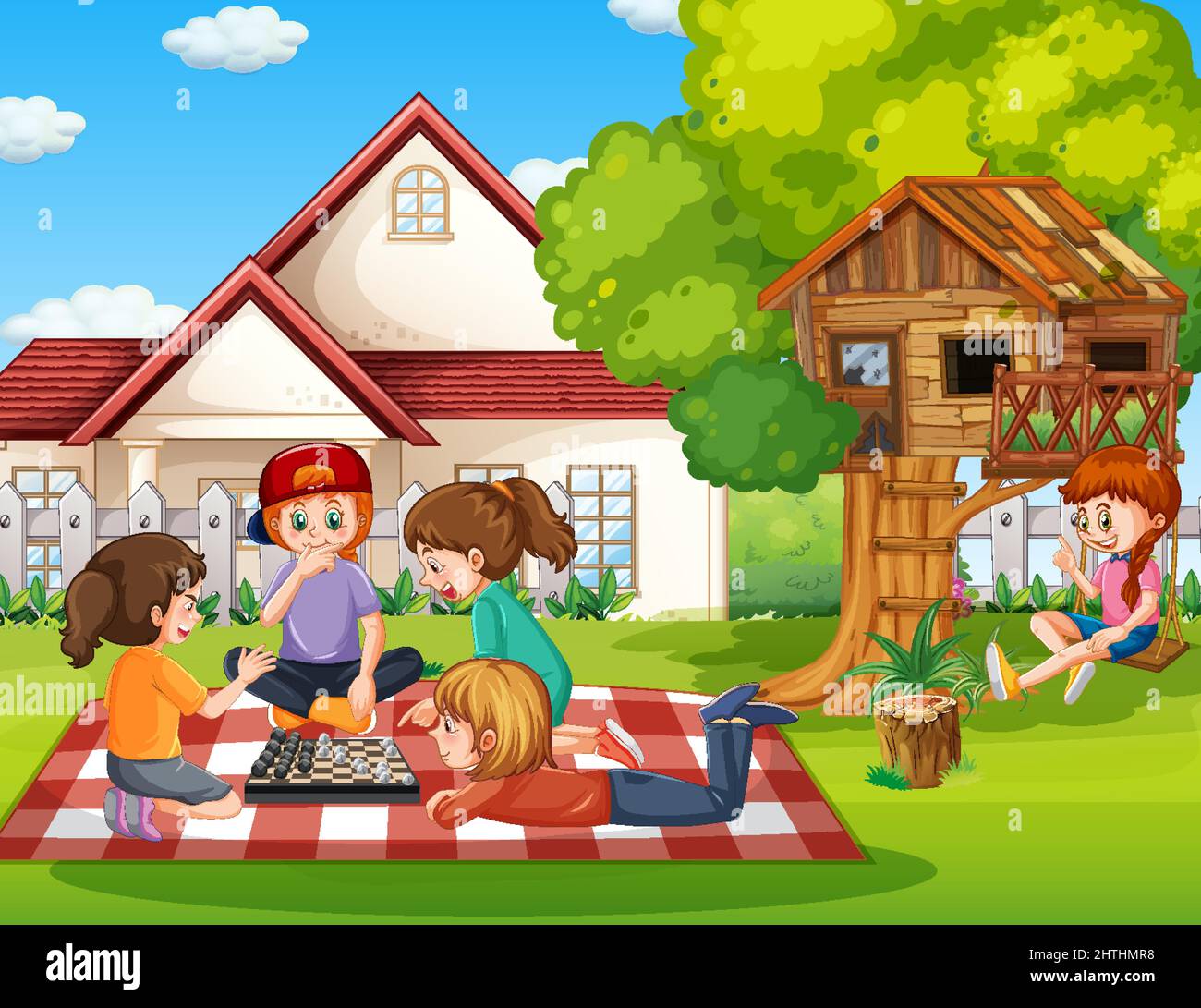 Children playing games outside the house illustration Stock Vector ...