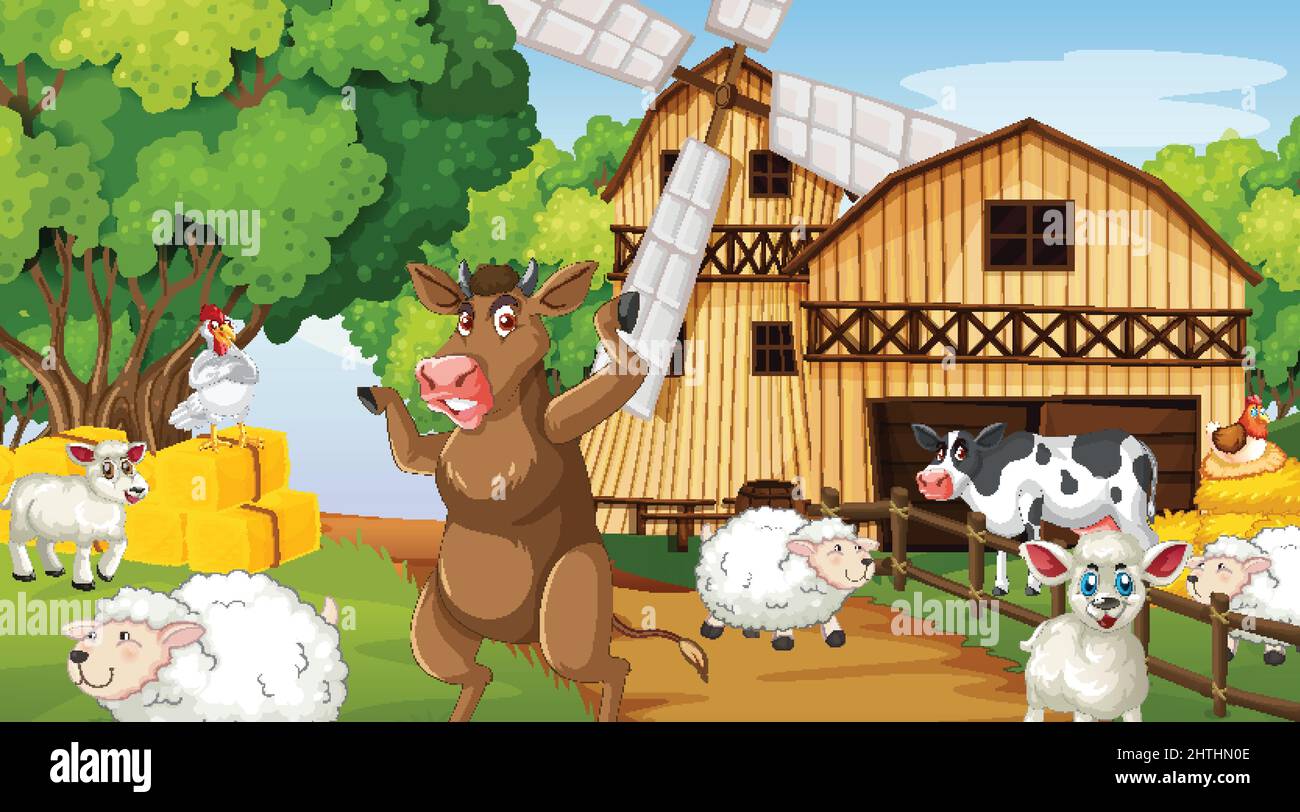 Scene with farm animal on the farm illustration Stock Vector Image ...