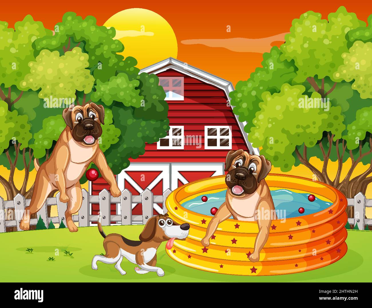 Dogs playing in the pool at the farm illustration Stock Vector Image ...