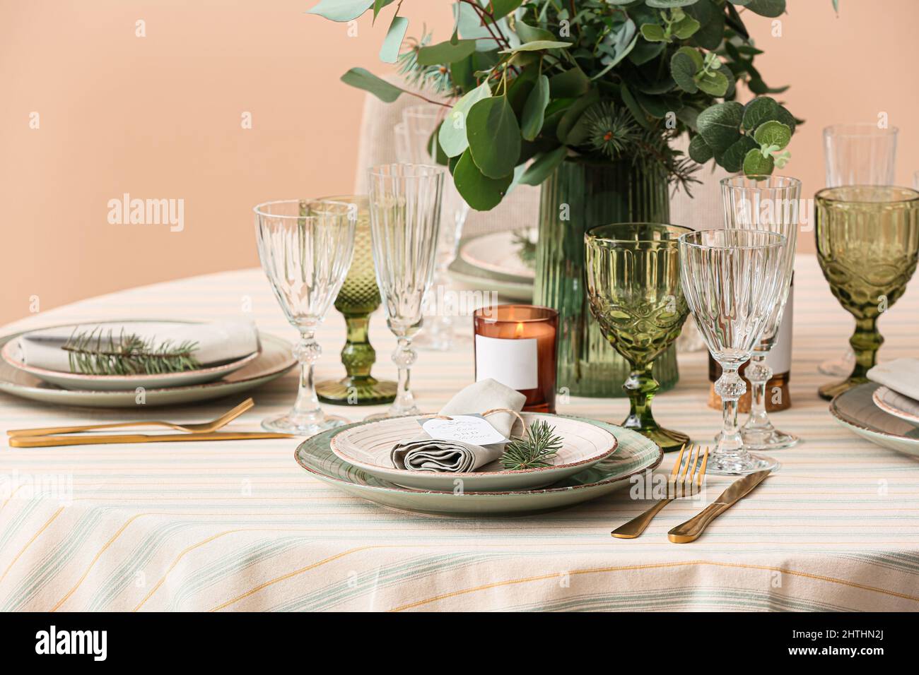 Stylish table setting with wedding invitation Stock Photo - Alamy