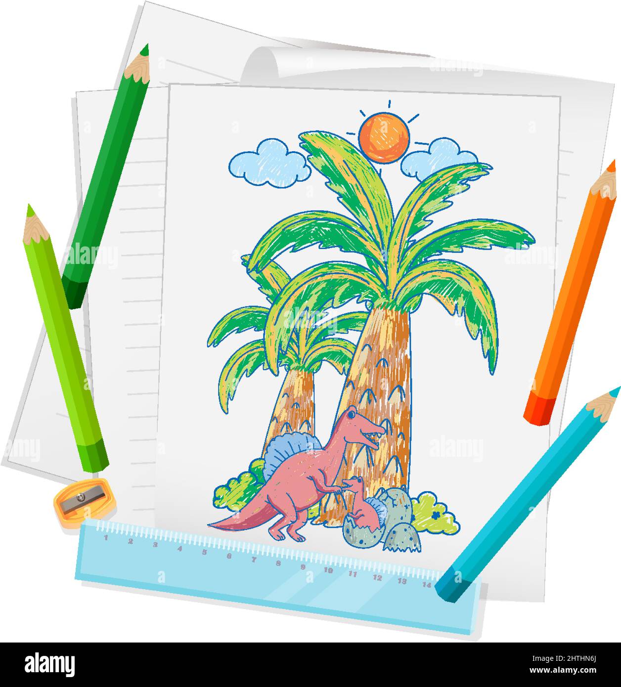 A paper with a doodle sketch design with color and colour pencils ...