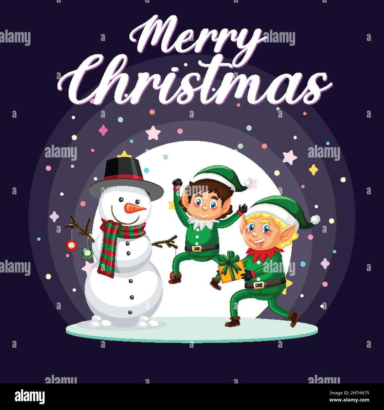 Merry Christmas poster design with cute elves and snowman illustration ...