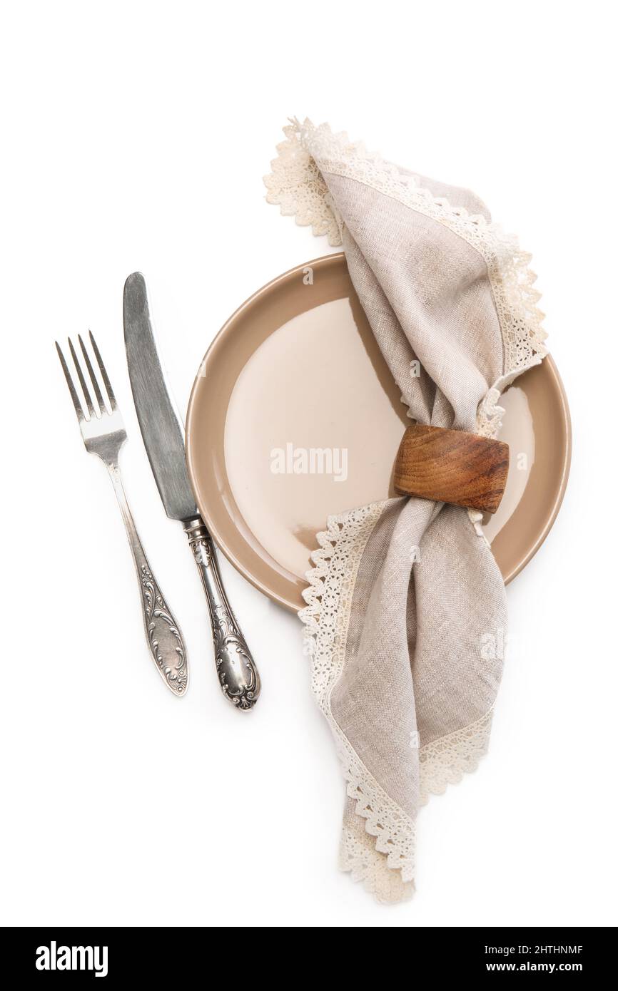 Elegant table setting on white background Stock Photo - Alamy