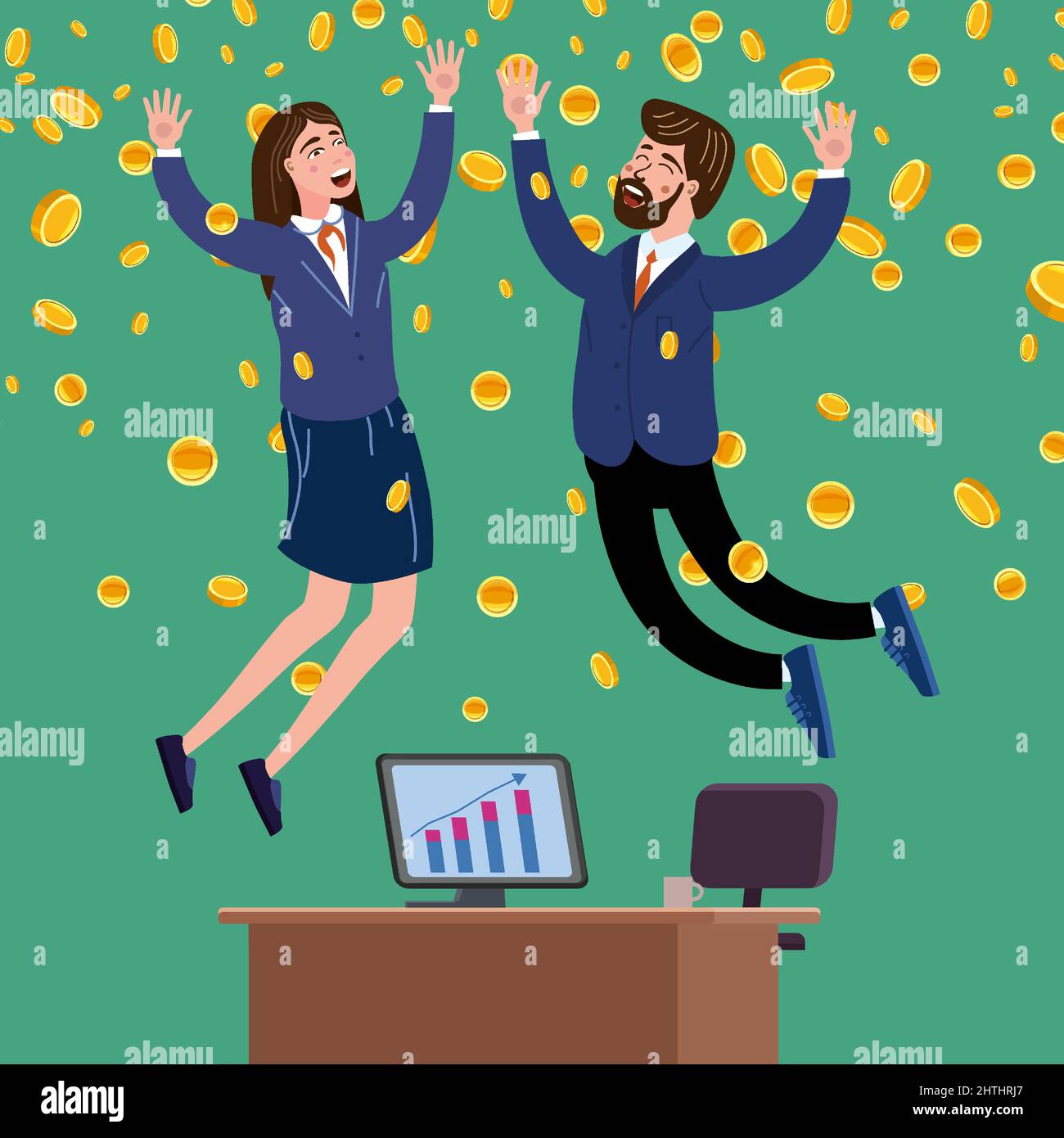Happy businessman and businesswoman jump in air falling money rain in ...