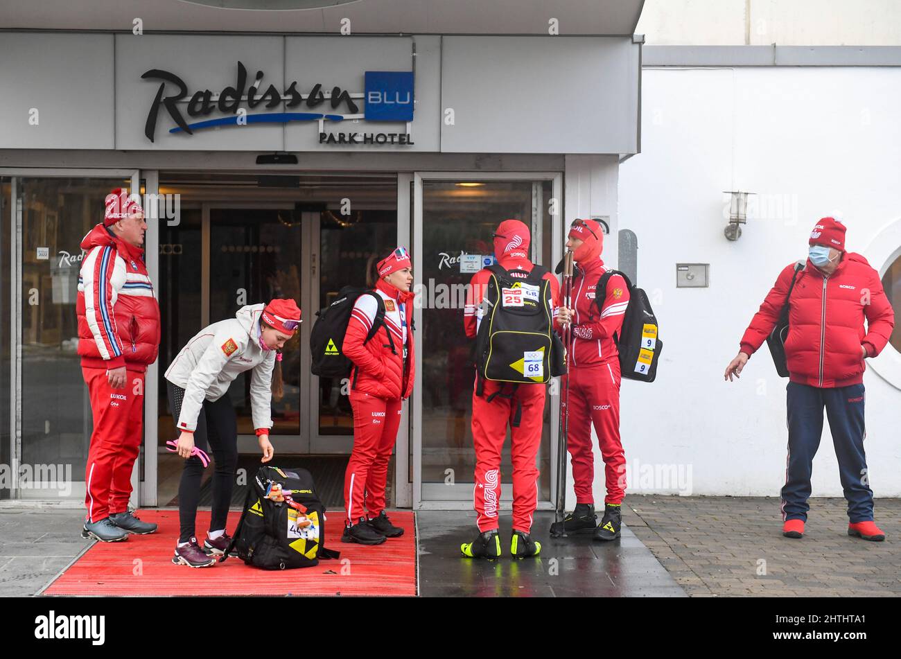 Oslo 20220301.Parts of the Russian cross-country national team outside ...