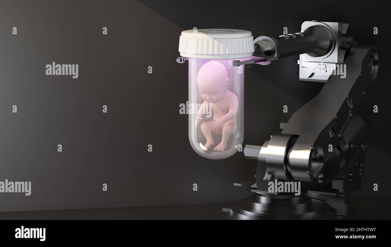 robotic arm holds capsule with an embryo with black copy space. 3d ...