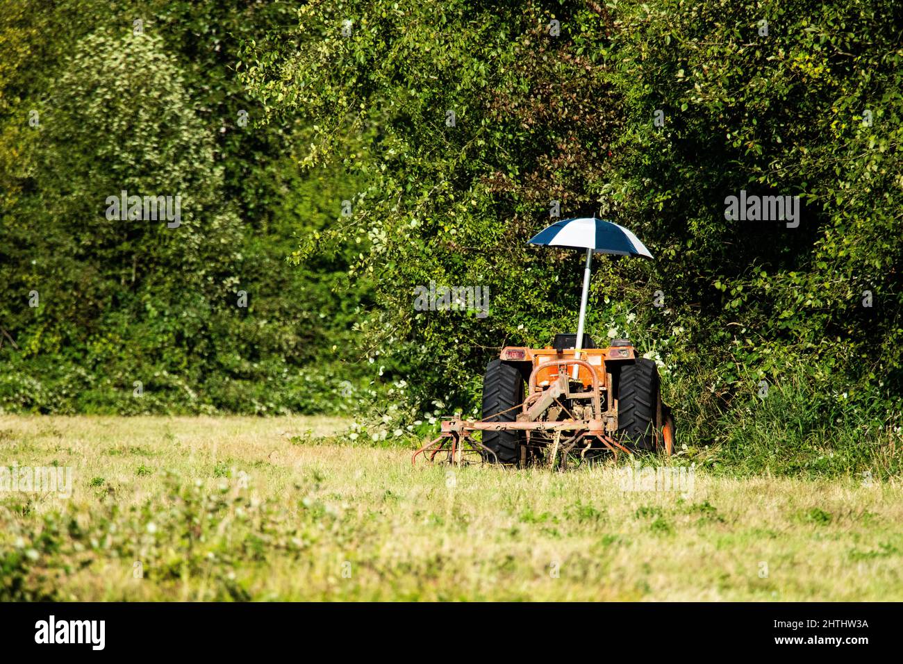 Beautiful shot of a tractor in a field with umbrella Stock Photo - Alamy