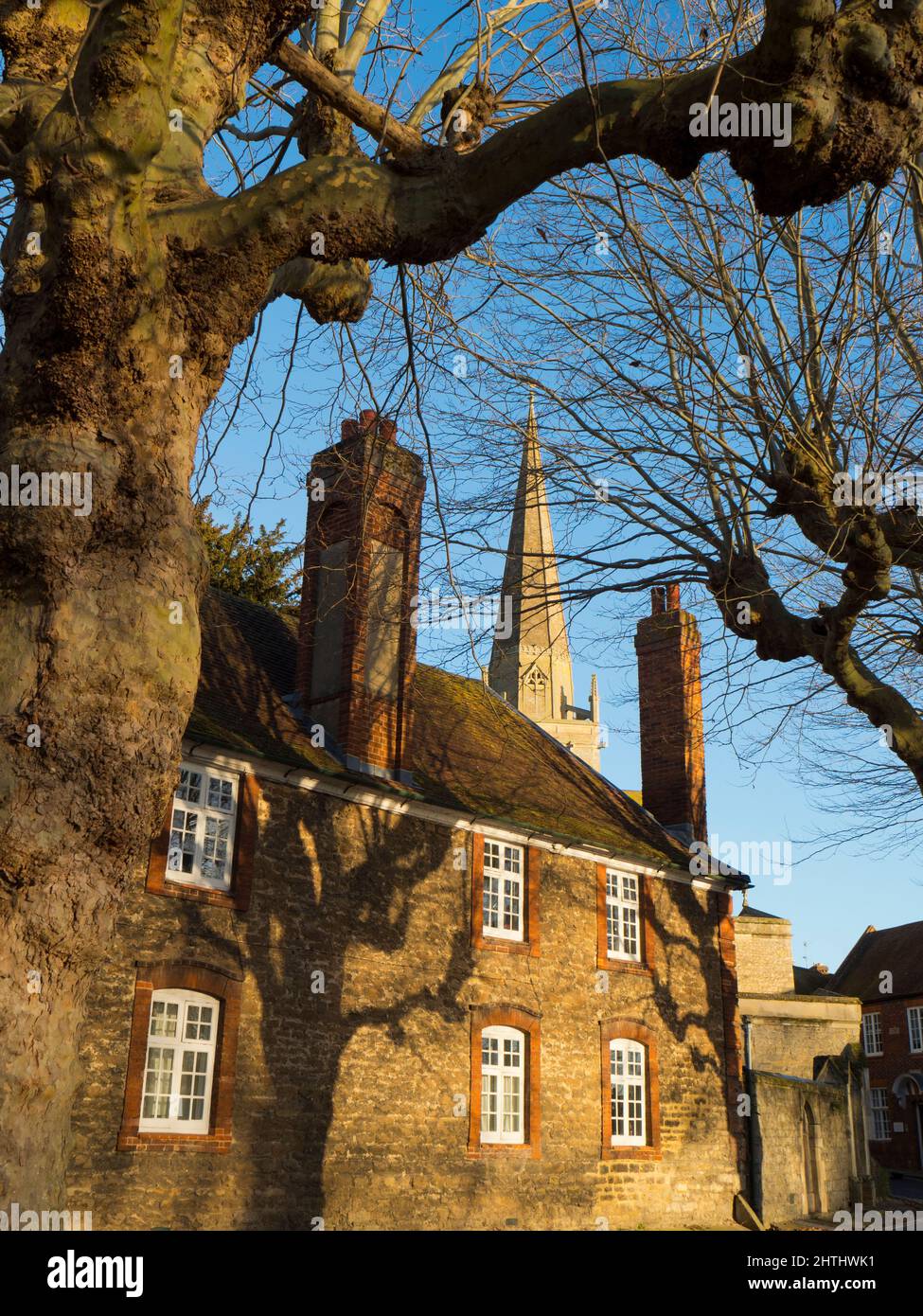 Chimneys, spire and trees - St Helens Wharf, Abingdon at first light 2 ...