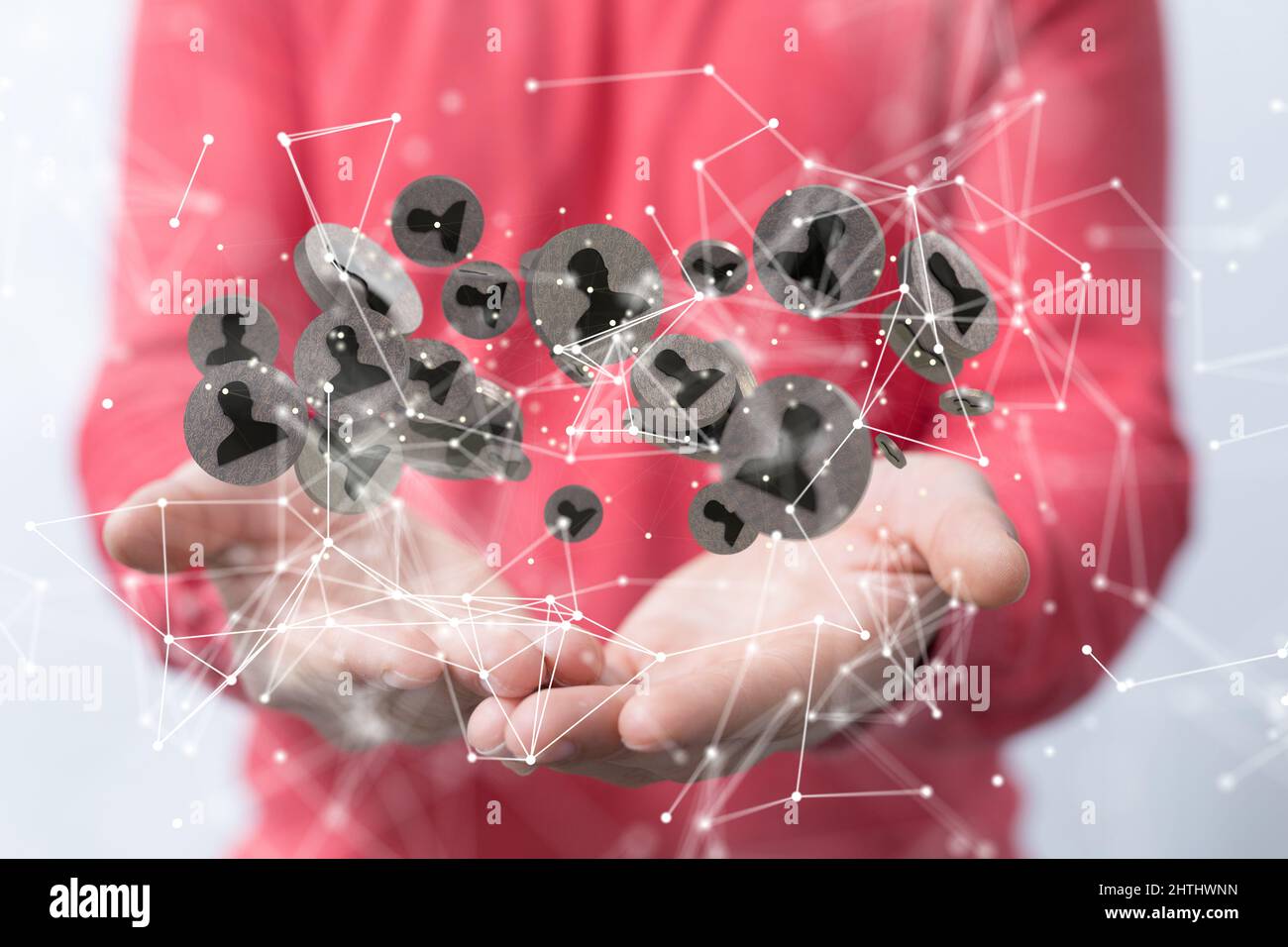 3D rendering of a group of floating people icons on a businessman's ...