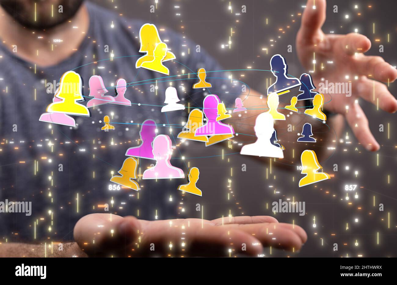 3D rendering of a group of floating people icons on a businessman's ...