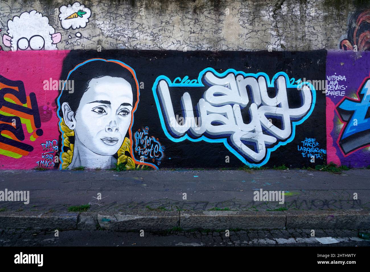 Graffiti street art on the walls of the railway in Lambrate district ...