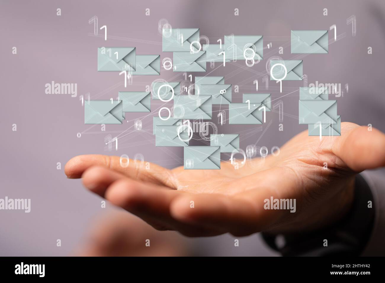 3D rendering of a man pointing at floating message icons - Concept of ...