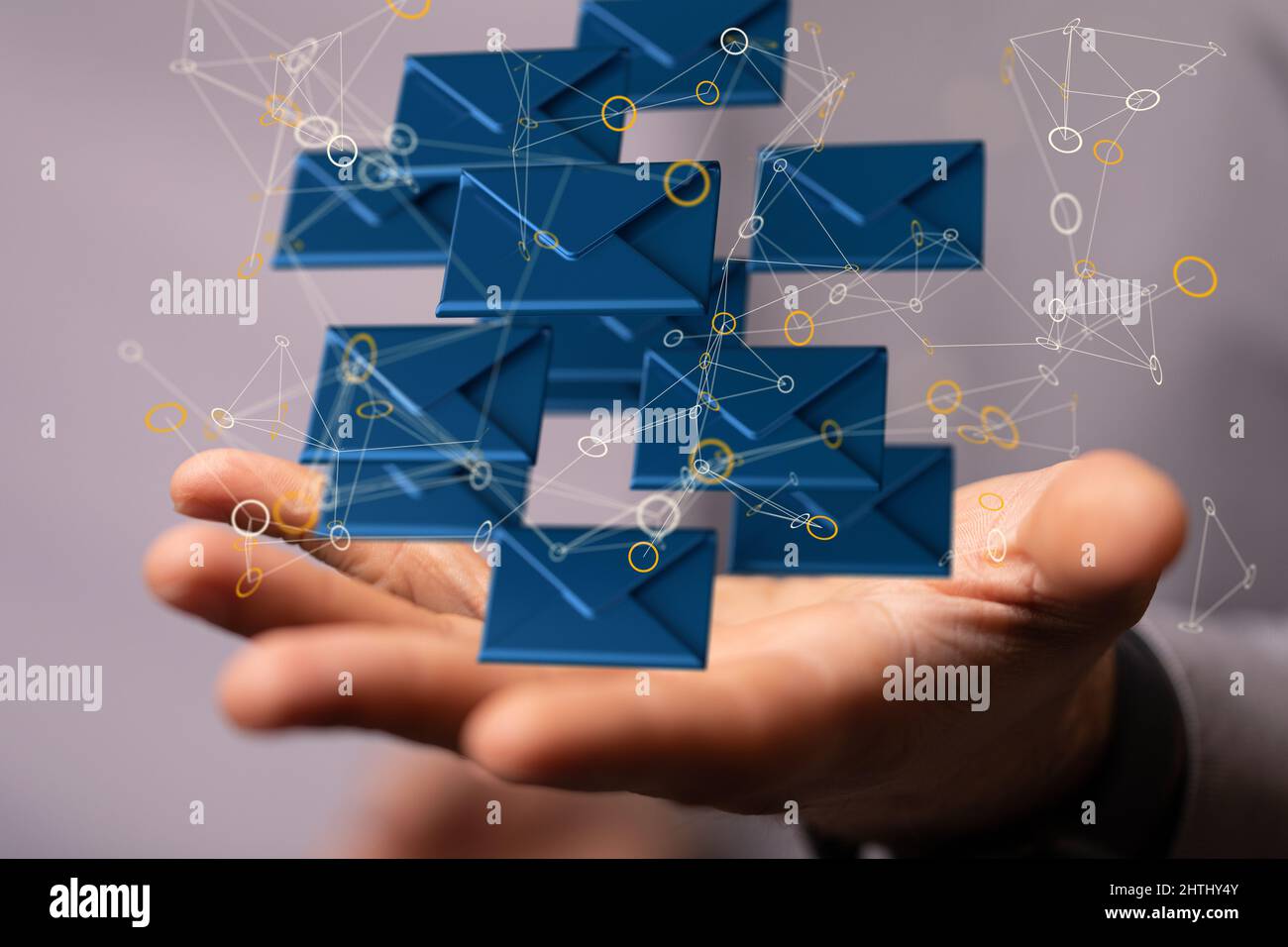 3D rendering of a man pointing at floating message icons - Concept of ...