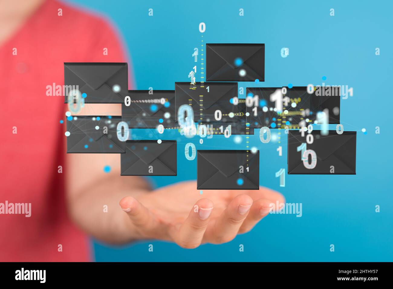 3D rendering of a man pointing at floating message icons - Concept of ...