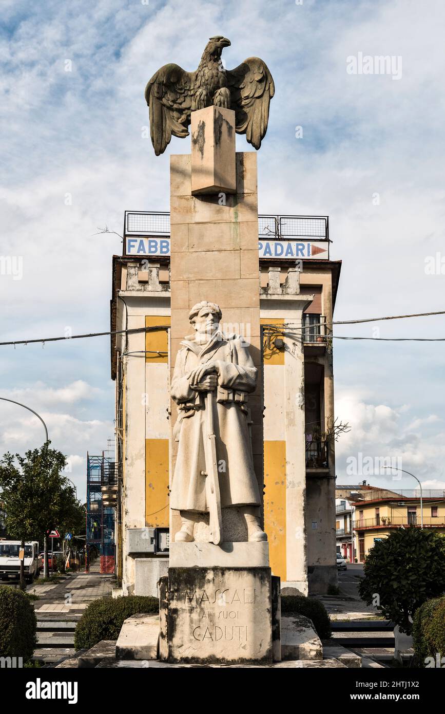 The Fascist-era war memorial in Mascali, Sicily, Italy. The town was ...