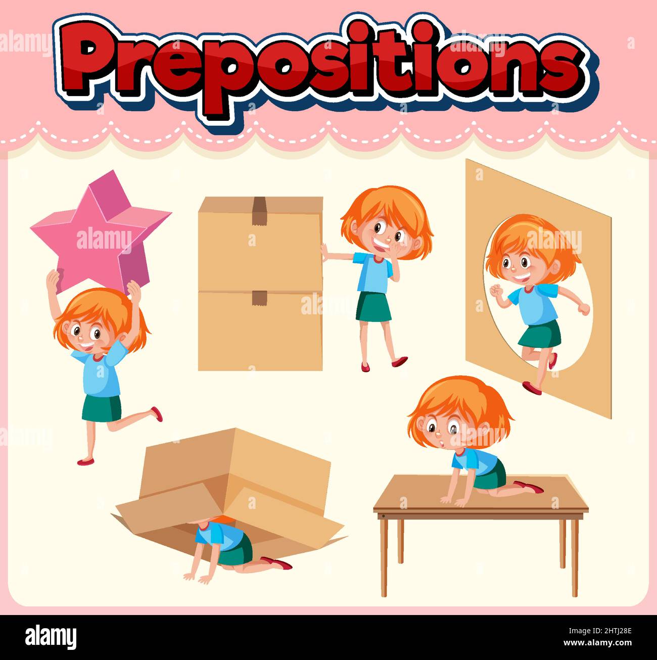 Prepostion wordcard design with girl and boxes illustration Stock ...