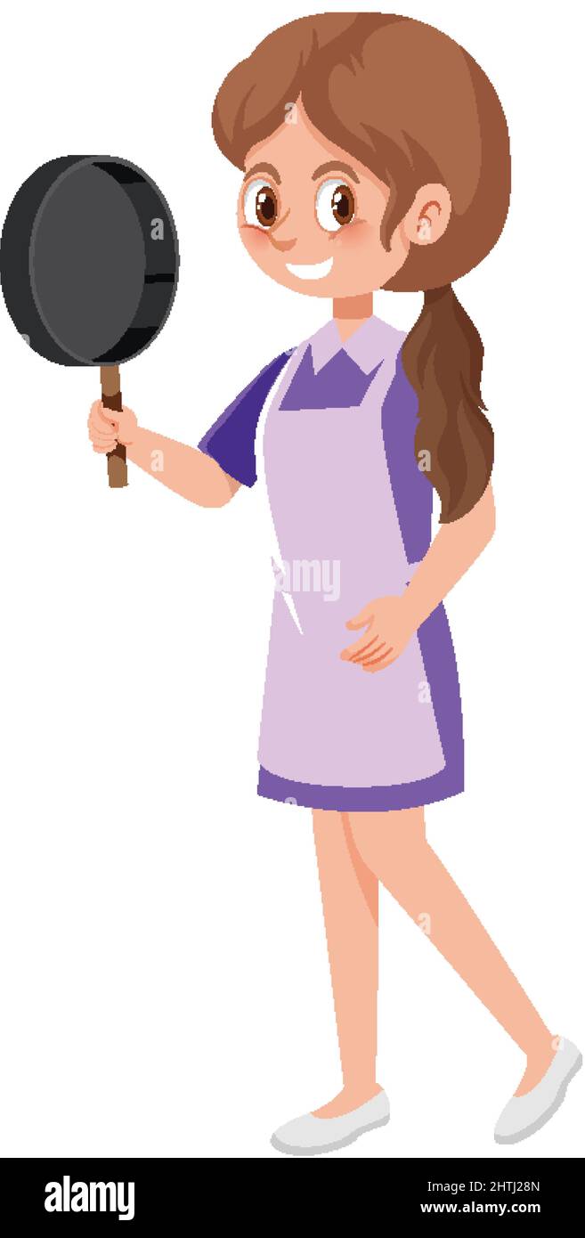 A woman holding a pan wearing apron cartoon character on white ...