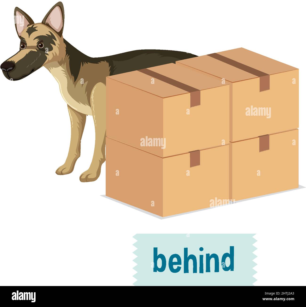 Preposition of place with cartoon dog and a box illustration Stock ...