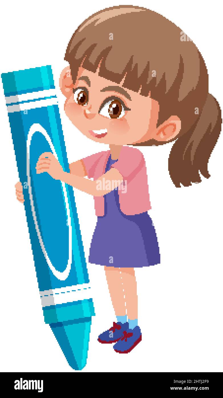 Cute girl holding giant crayon illustration Stock Vector Image & Art ...