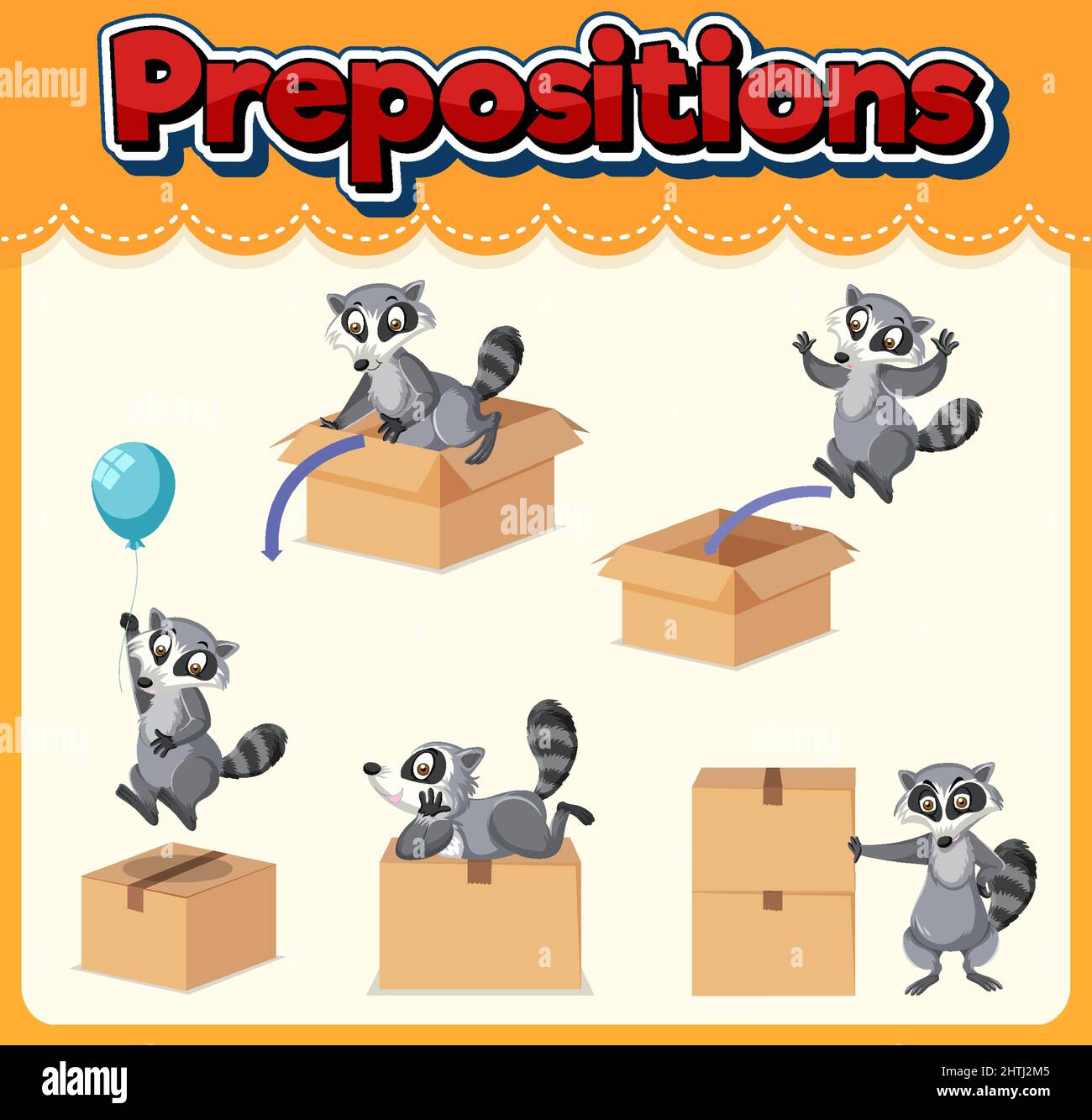 Prepostion wordcard design with raccoon and boxes illustration Stock ...