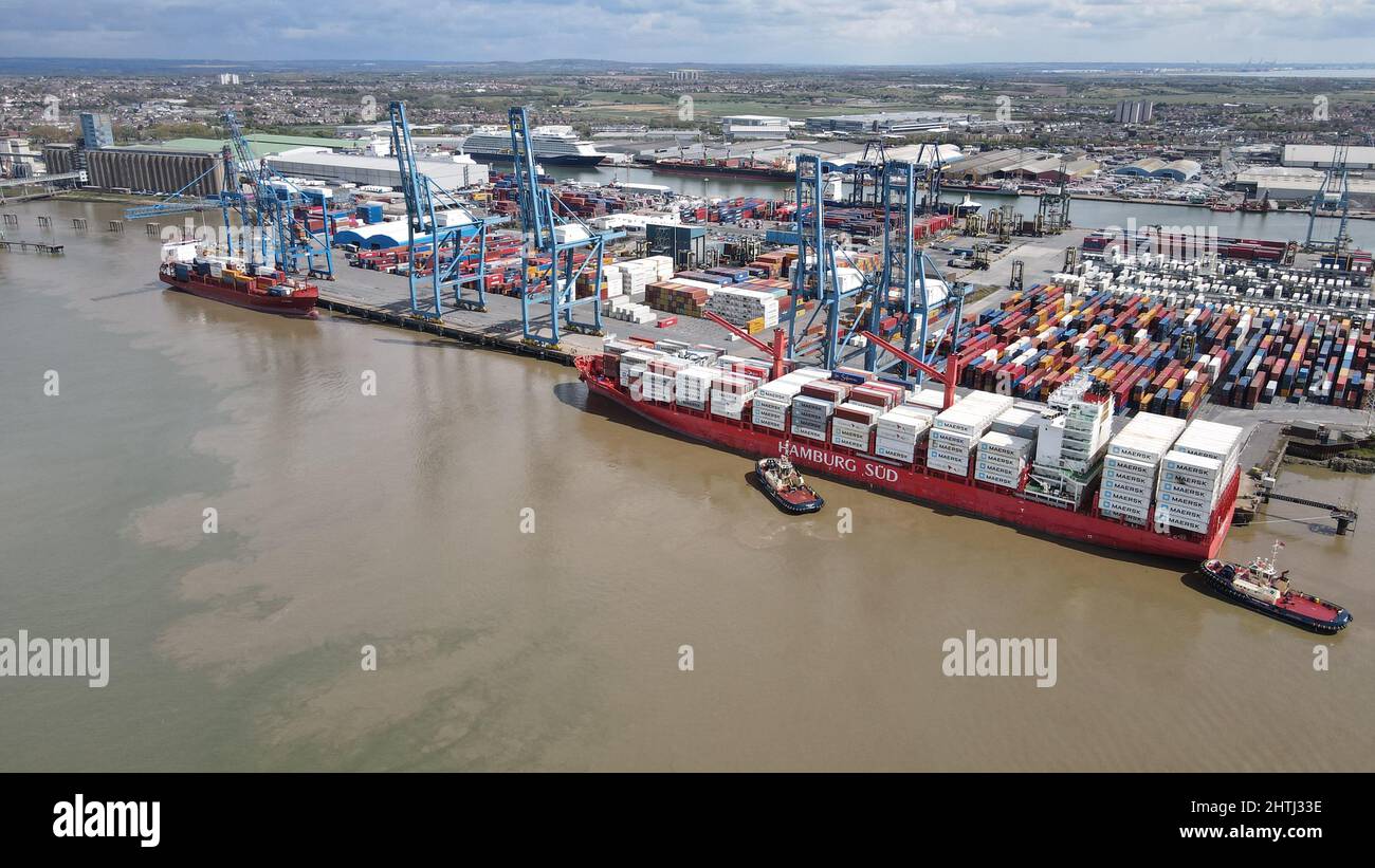 Tilbury Docks container port on River Thames ships loading drone aerial ...