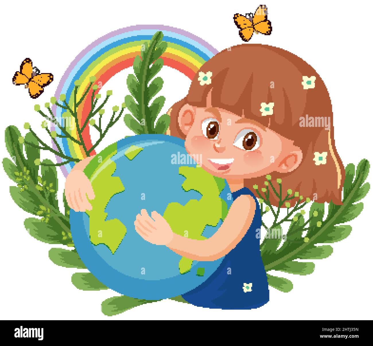 A girl hugging earth globe in cartoon style illustration Stock Vector ...