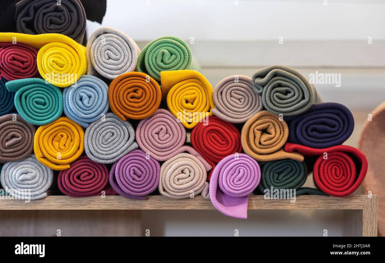 Colorful and bright fabric samples. Bright palette of fabrics close-up ...