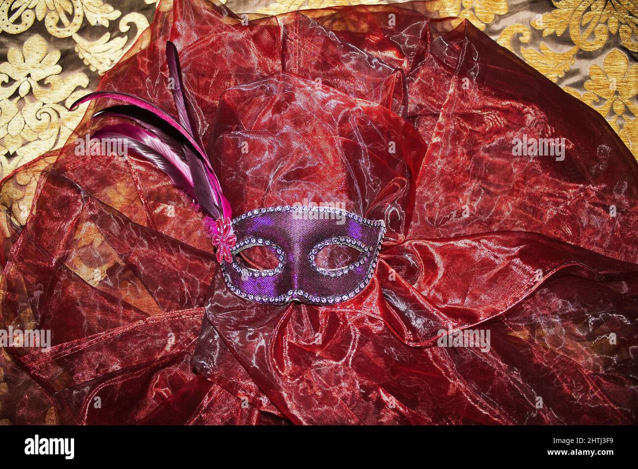 Purple carnival mask with a bright red cloth in the background Stock ...