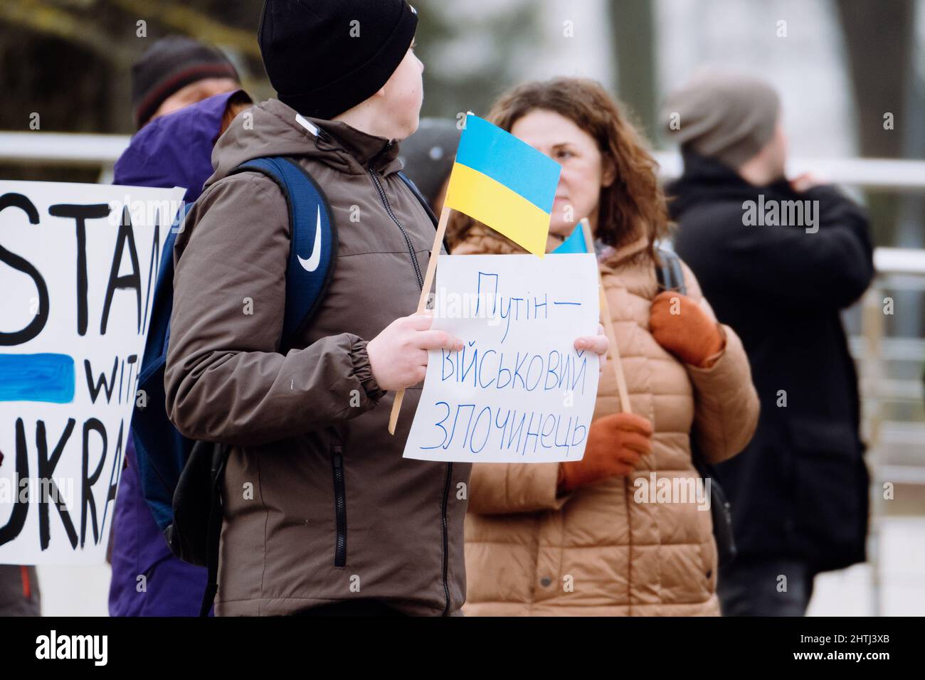 RIGA, LATVIA, FEBRUARY 27. 2022 - People gather in front of Russian ...