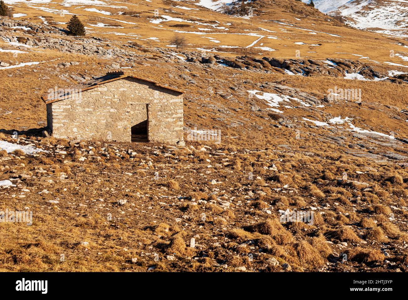 Old stone cow shed in winter with brown meadows, Lessinia Plateau ...