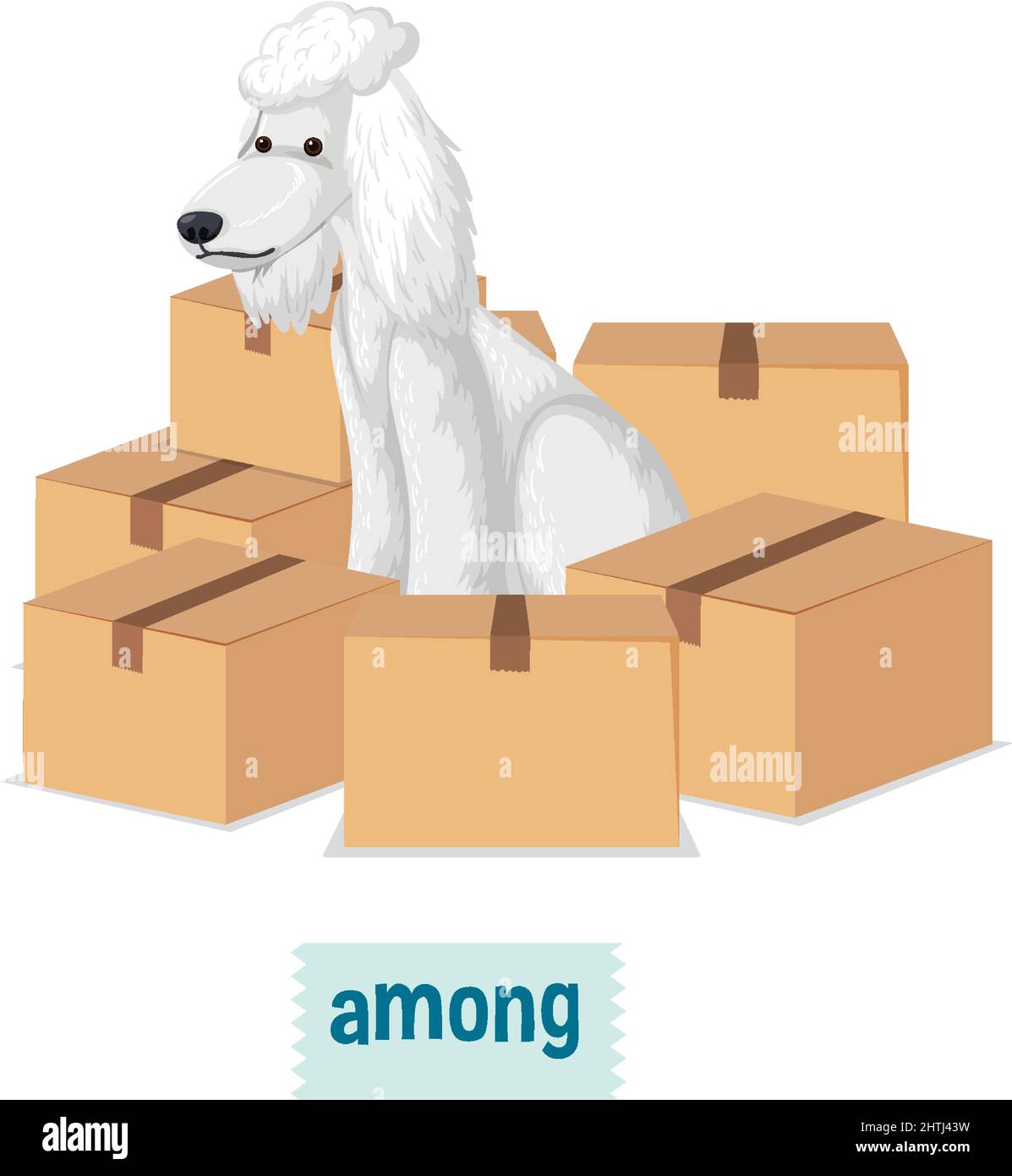 Preposition of place with cartoon dog and a box illustration Stock ...