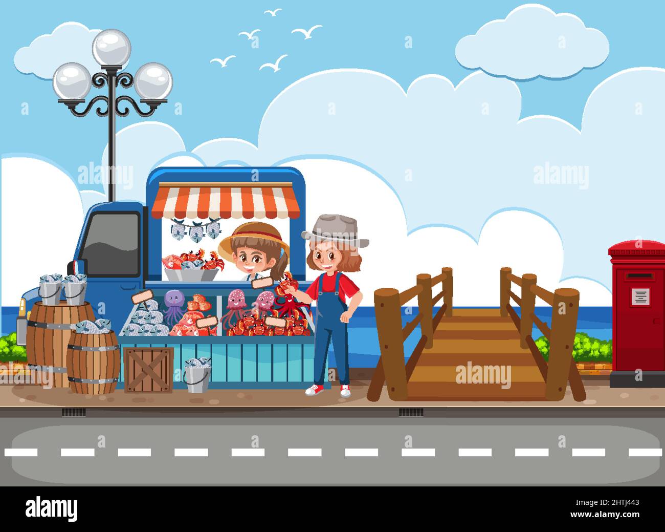 Outdoor scene with fresh fish seafood market stall illustration Stock ...